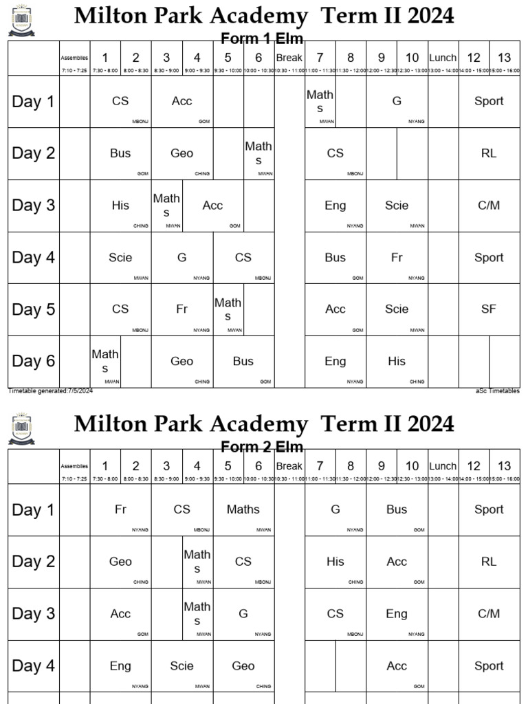 Milton Park Academy Term II Timetable | PDF