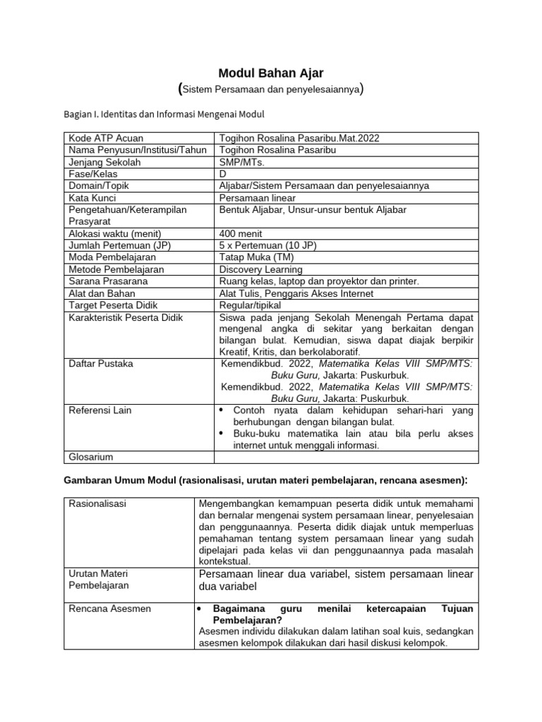 Modul Ajar Bab 2.1 Sistem Persamaan Linear Dua Variabel | PDF | Komputer