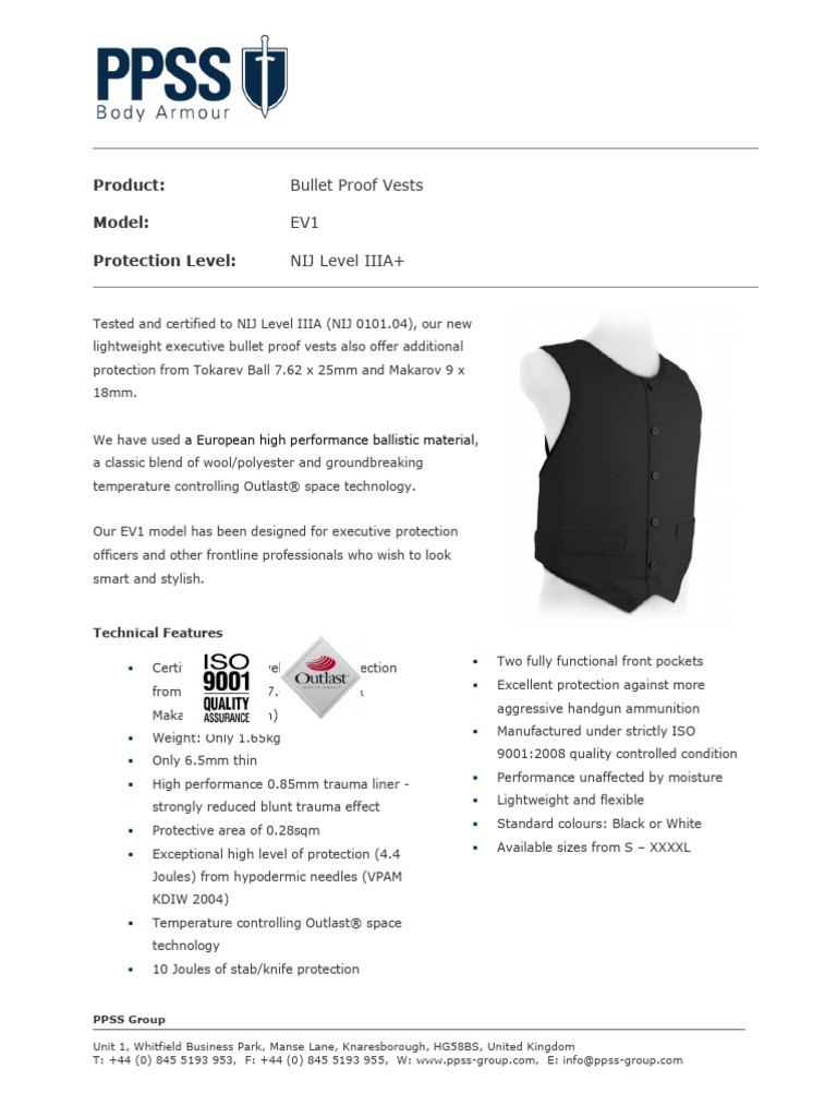 Specification - PPSS Executive Bullet Resistant Vest Model EV1 | PDF