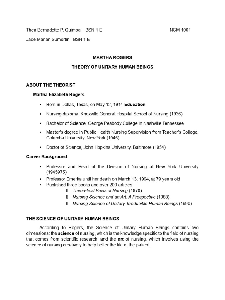 Unitary Human Being Theory Overview | PDF | Nursing | Theory