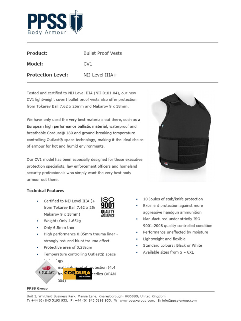 Specification - PPSS Covert Bullet Resistant Vest Model CV1 | PDF ...