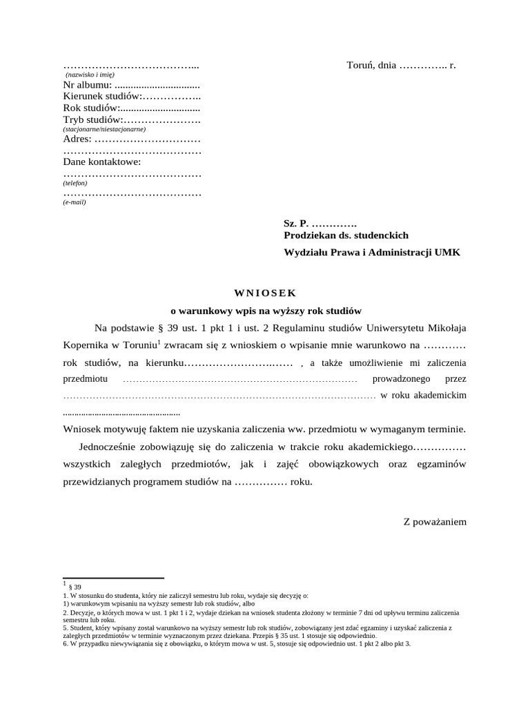 Wniosek o WARUNKOWY WPIS Na Kolejny Rok Studiow | PDF