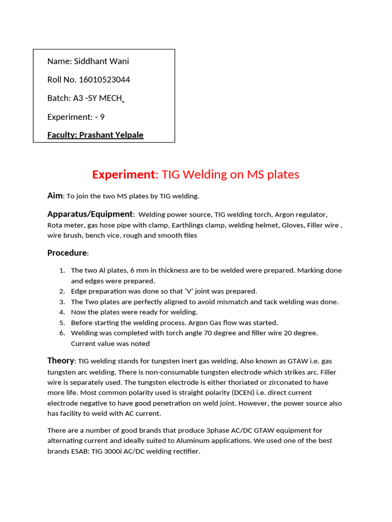 TIG Welding of Ms Plate EXP 9 | PDF | Welding | Construction