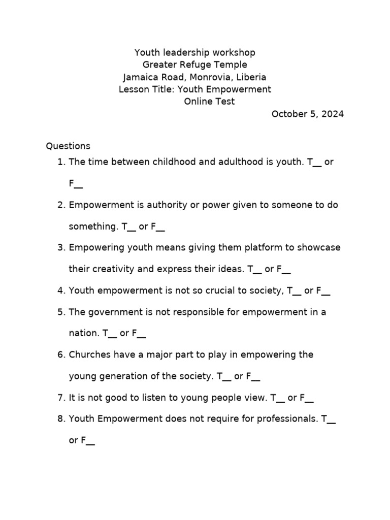 Youth Empowerment Workshop Test | PDF | Career & Growth | Social Science