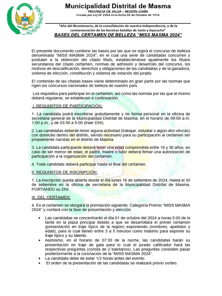 Bases del Certamen "Miss Masma 2024" | PDF | Perú