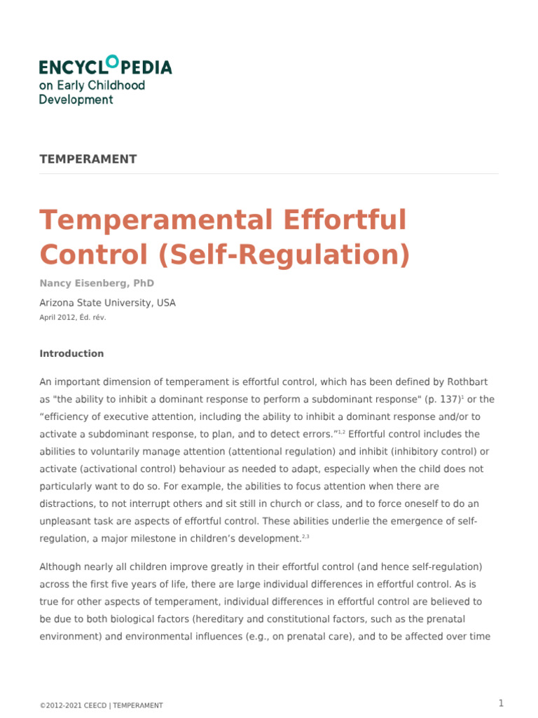 Temperamental Effortful Control Self Regulation | PDF | Emotional Self ...