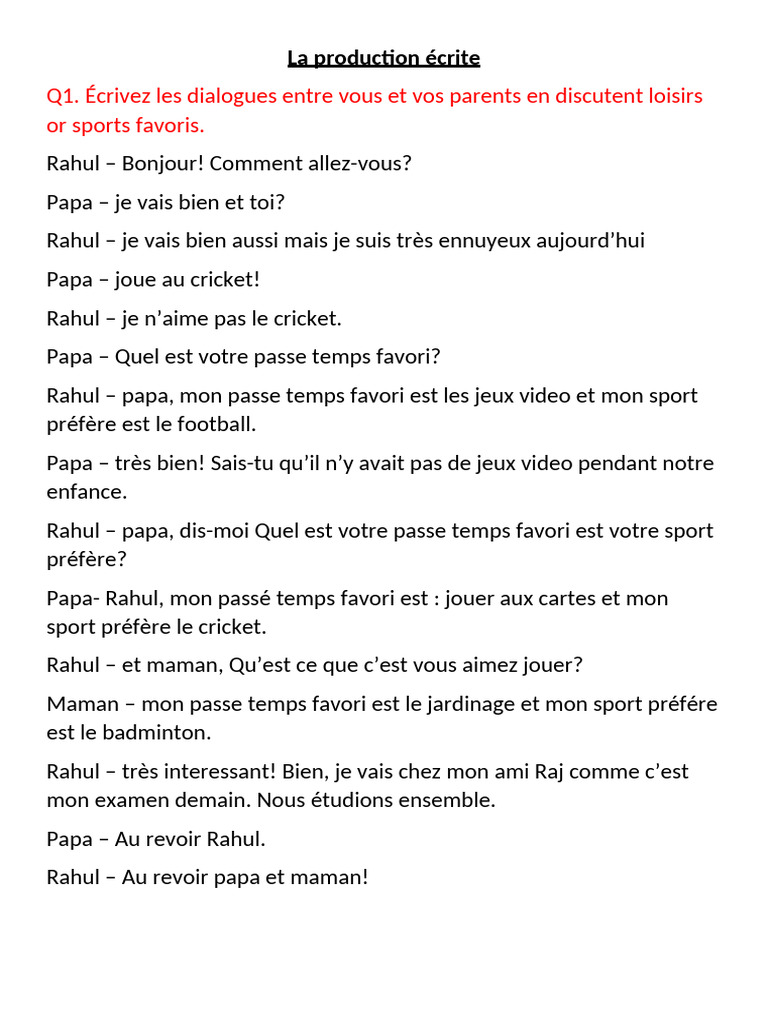 Dialogue sur les loisirs en famille | PDF | Sports et loisirs