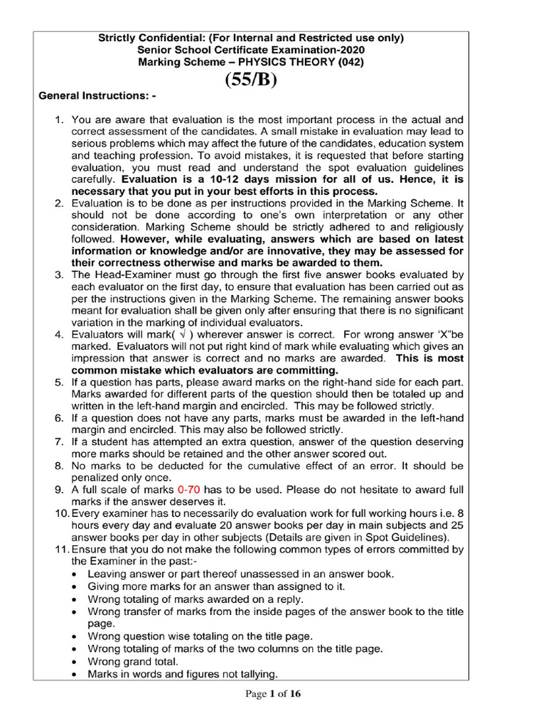 Physics (042) Blind Class Xii Marking Scheme 2020 | PDF