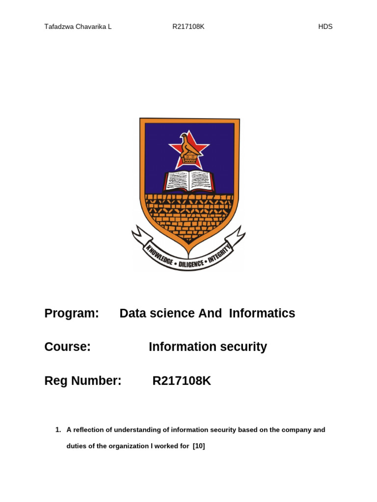 Information Security R217108K HDS..Tafadzwa Chavarika | PDF | Career ...