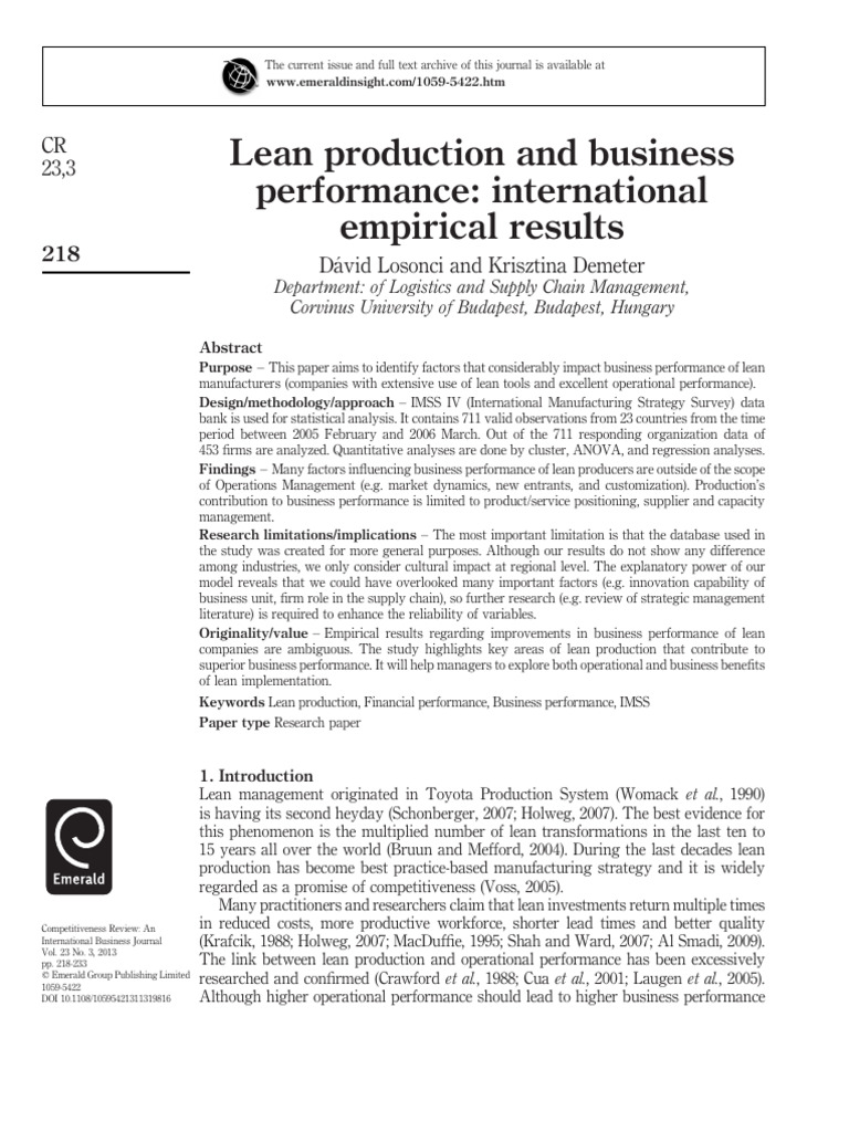 Lean Production and Business Performance: International Empirical Results | PDF | Supply Chain ...