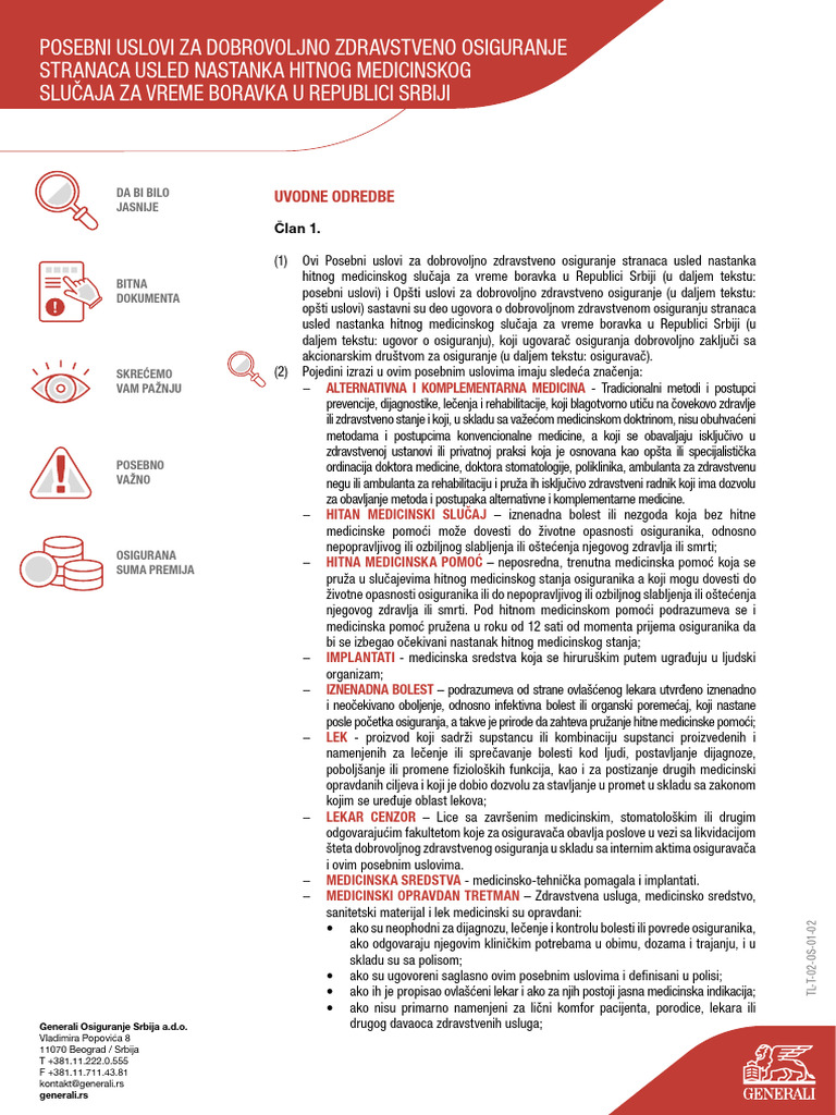 TL-T-02-OS-01-02 POSEBNI USLOVI ZA DOBROVOLJNO ZDRAVSTVENO OSIGURANJE STRANACA Od 01042020 | PDF