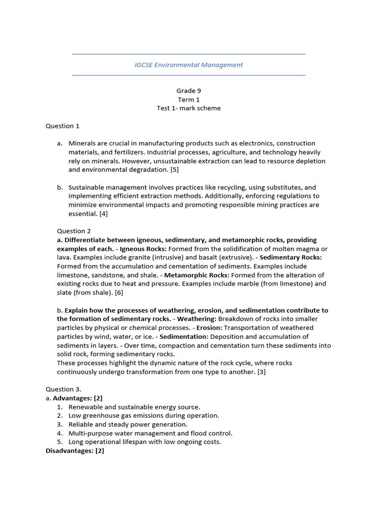Environmental Sci Test - Mark Scheme Gr9MS | PDF | Rock (Geology ...