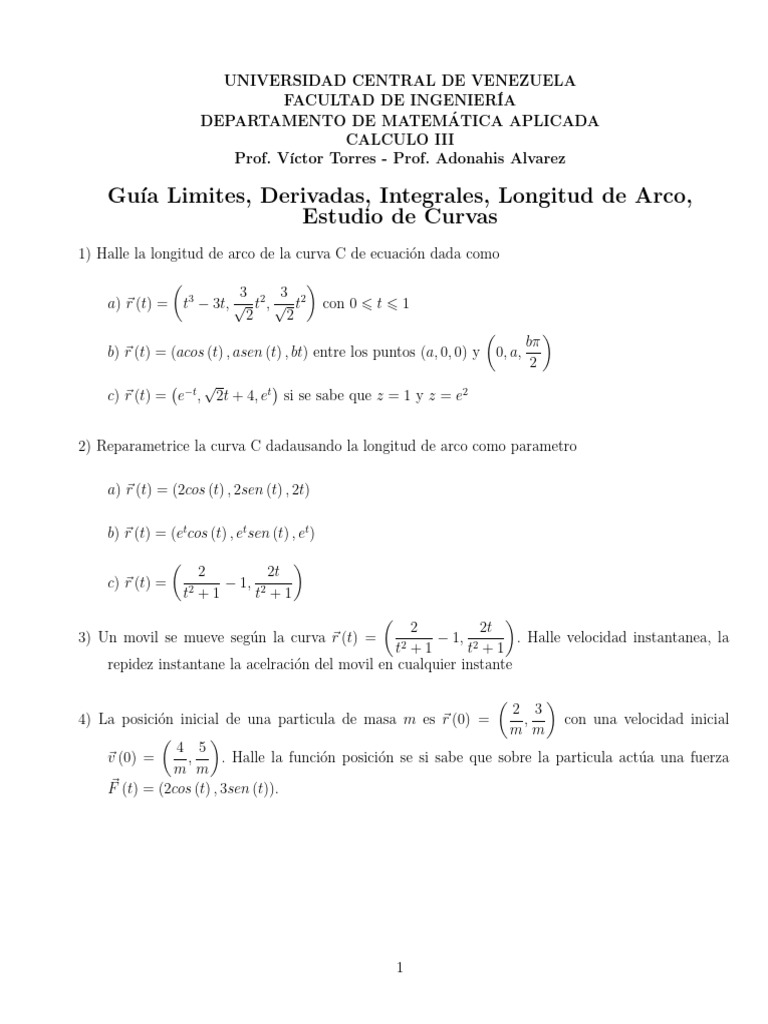 Guía Limites Derivadas Integrales Longitud de Arco Estudio de Curvas ...