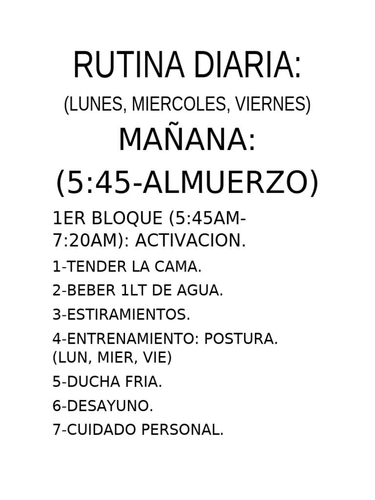 Rutina Diaria Escolar (Lunes, Miercoles y Viernes) | PDF | Salud y ...