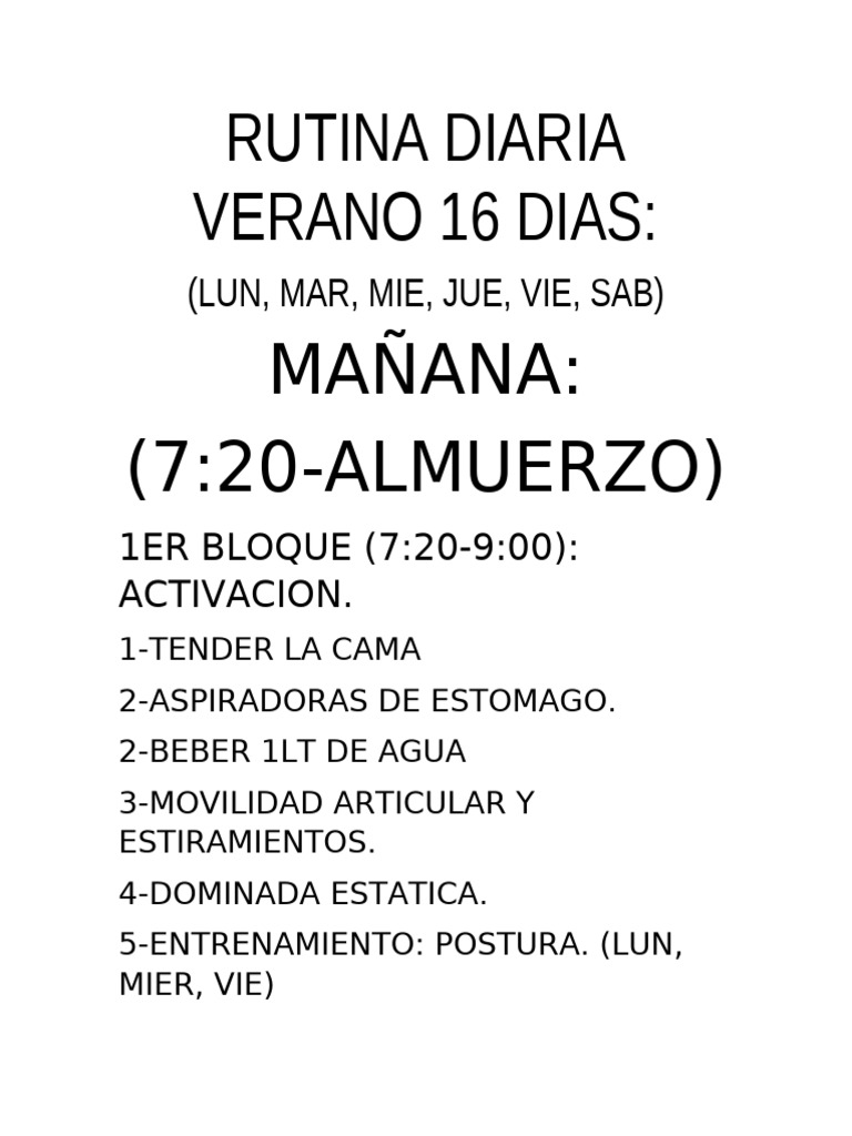 RUTINA DIARIA VERANO | PDF