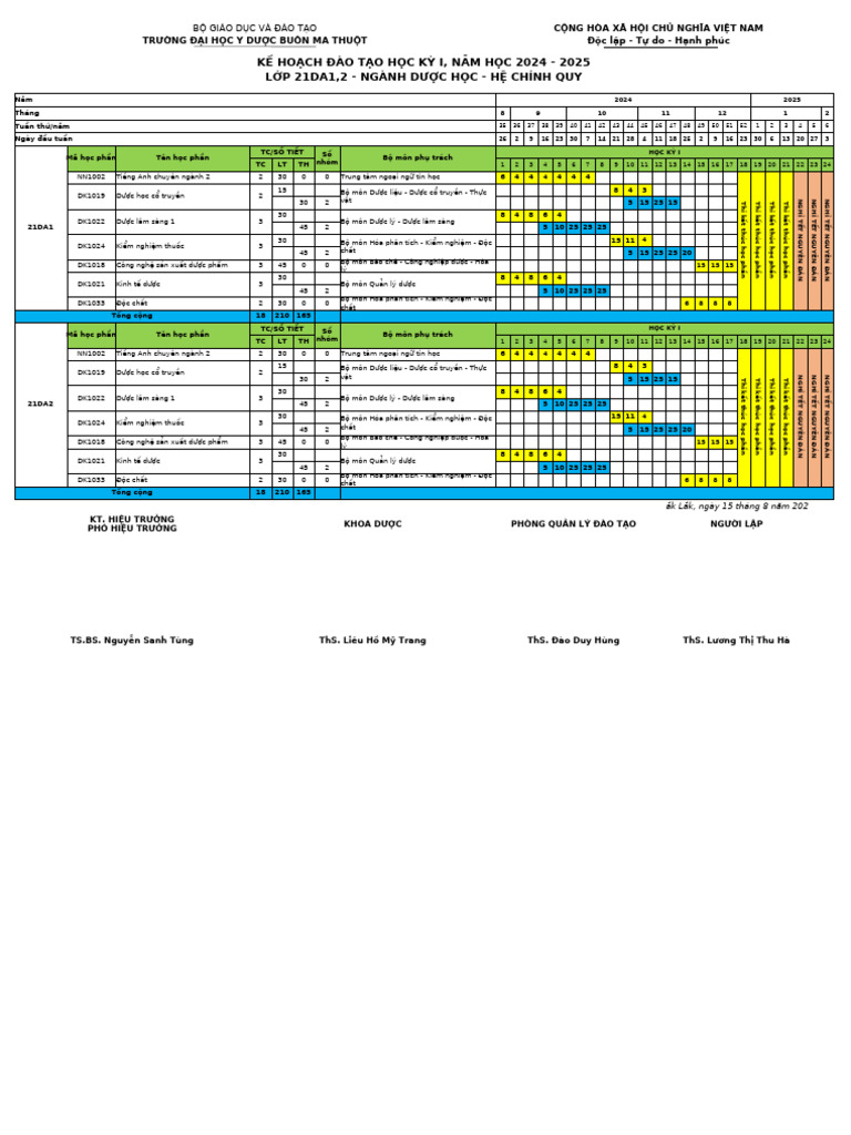 THỜI KHOÁ BIỂU LỚP 21DA1,2 -HKI 2024-2025 - HỆ CHÍNH QUY - NGÀNH DƯỢC HỌC | PDF