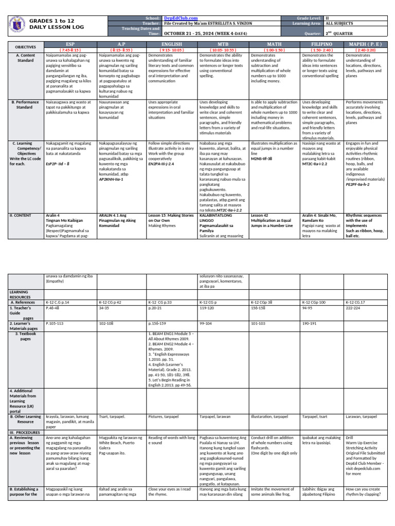 DLL All Subjects 2 q2 w4 d4 | PDF