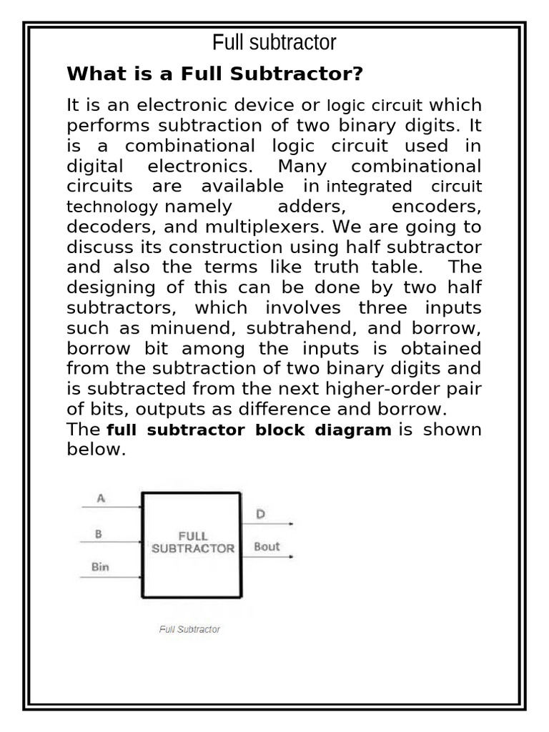 What Is A Full Subtractor | PDF | Subtraction | Electronic Circuits