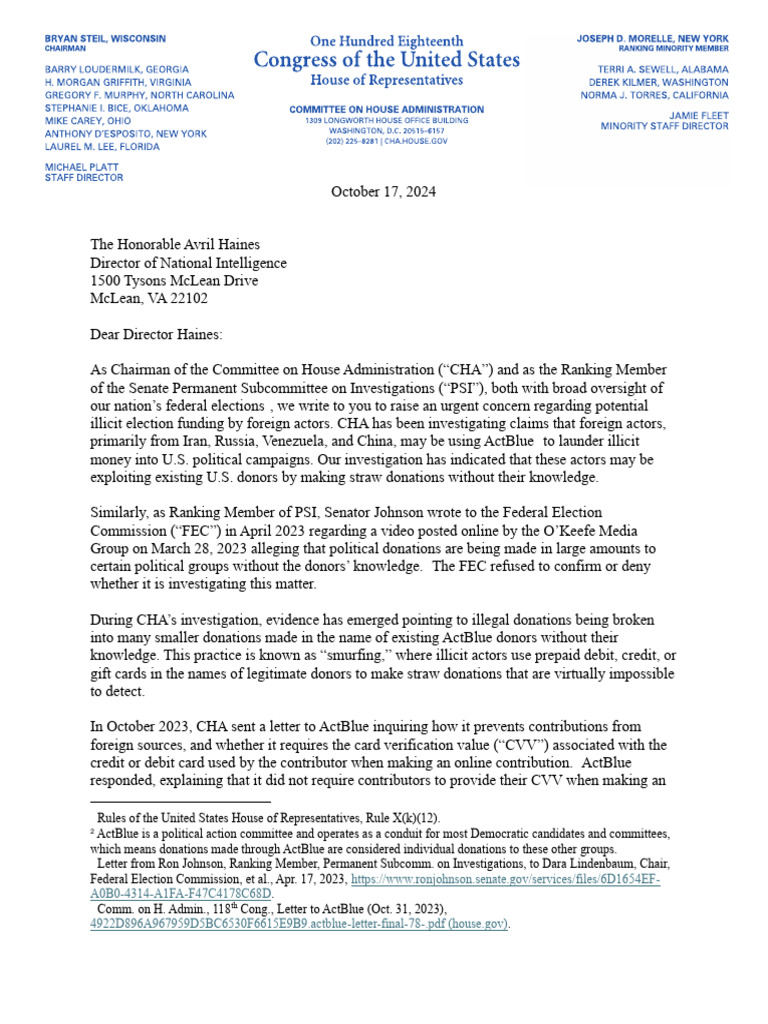 Bicameral Letter To DNI - ActBlue - Briefing Request | PDF | Political ...