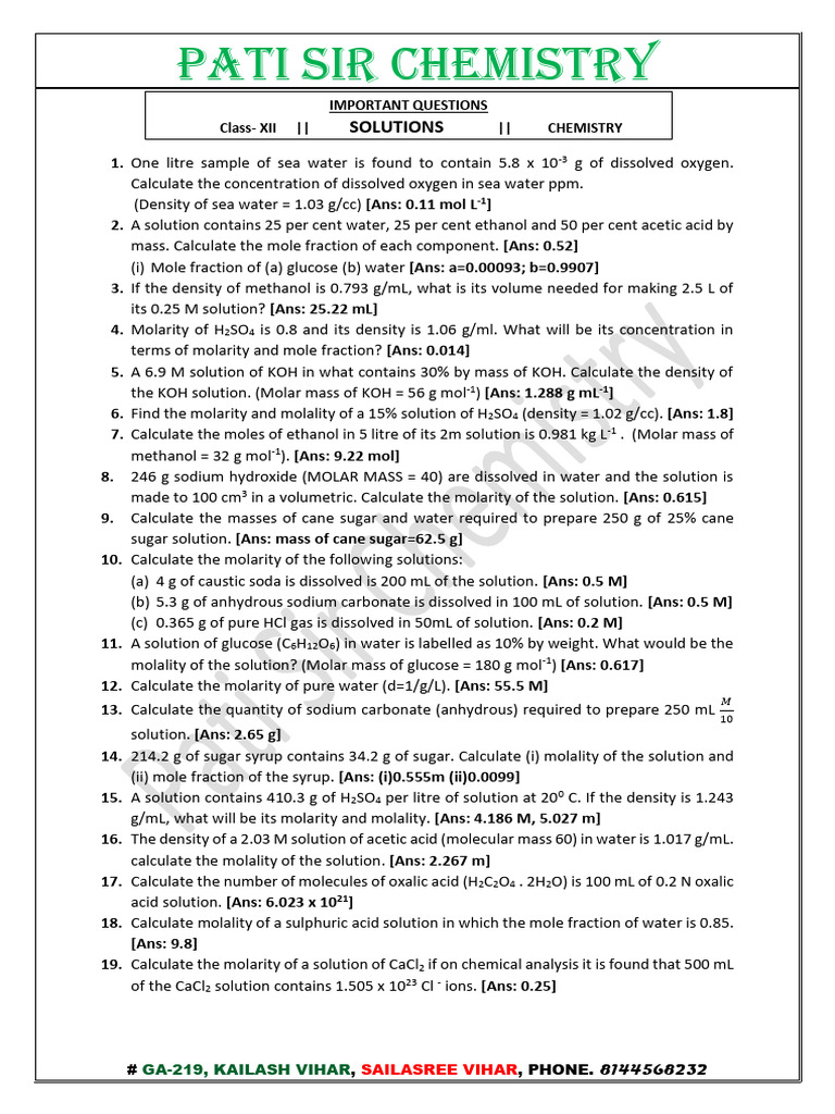 Solutions (Imp Ques) | PDF | Molar Concentration | Solubility