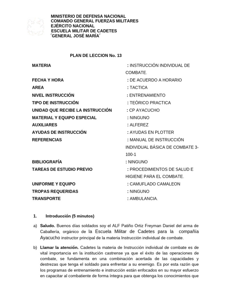Plan de Leccion CD. Patiño Freyman de Instrucción Individual de Combate Tarea N-13. | PDF | Agua ...