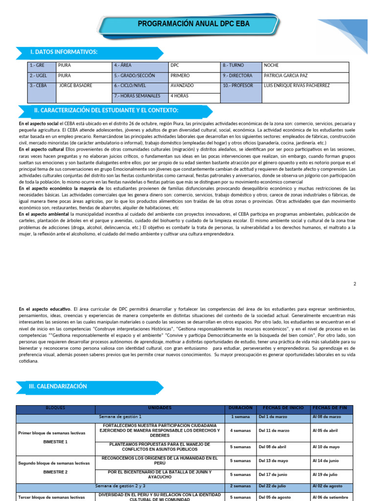 PROGRAMACIÓN ANUAL DPC 1RO AVANZADO | PDF | Evaluación | Maestros
