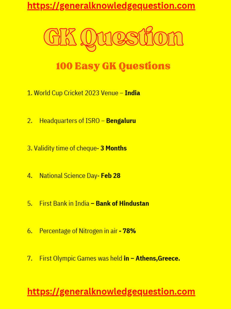 100 Easy General Knowledge Questions PDF Download | PDF | Travel ...