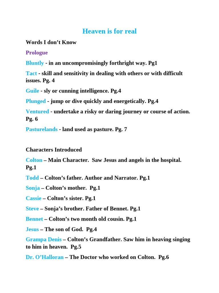 Heaven Is for Real: Key Characters & Terms | PDF