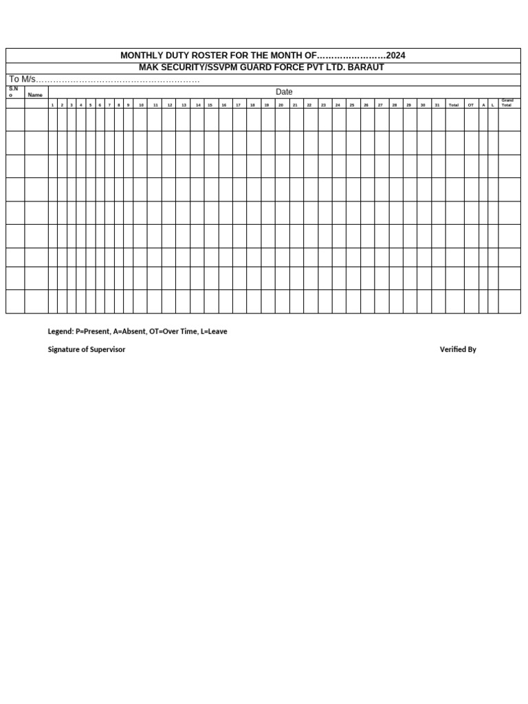 Monthly Duty Roster for 2024 | PDF
