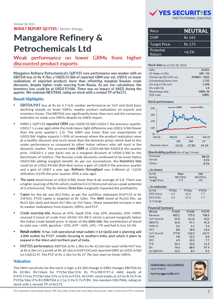 MRPL Q2 FY25 Result Analysis | PDF | Expense | Economies