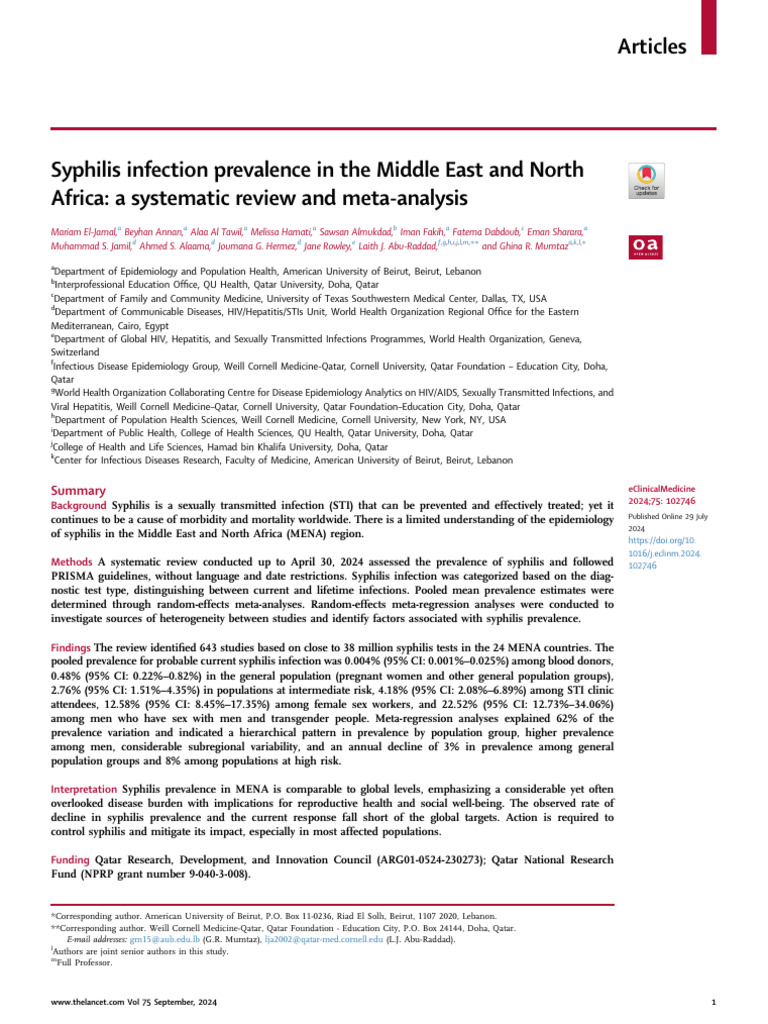Syphilis Infection Prevalence in The Middle East and North Africa - A ...