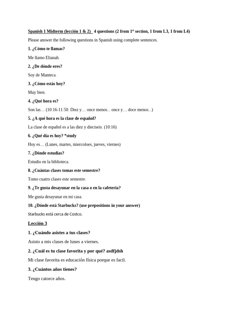 Spanish 1 Midterm Questions-2024 | PDF | Estudios de idiomas extranjeros