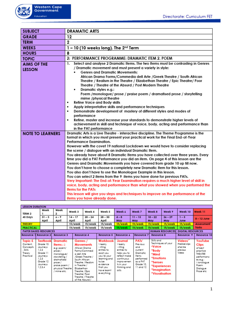 Grade 12 Dramatic Arts Performance Guide | PDF | Theatre | Nonverbal ...