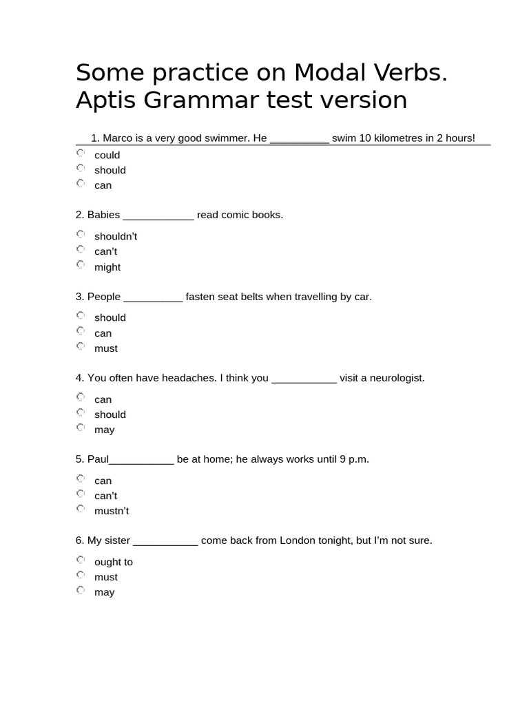 Some Practice On Modal Verbs - Aptis Grammar Test | PDF | Self-Improvement