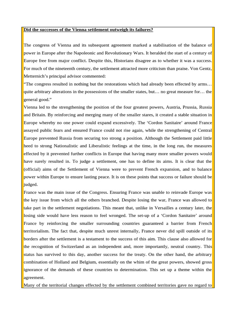 Did The Successes of The Vienna Settlement Outweigh Its Failures Essay ...