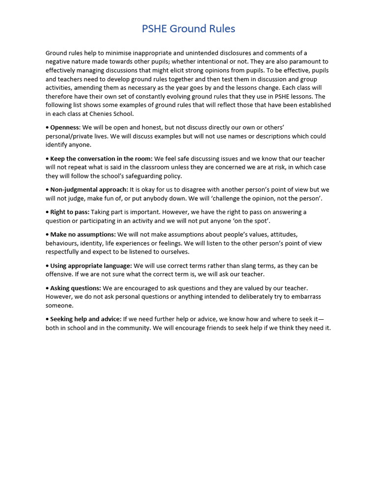 PSHE Ground Rules - PSHE Appendix 5 + RSE Appendix 3 + Sex Education ...
