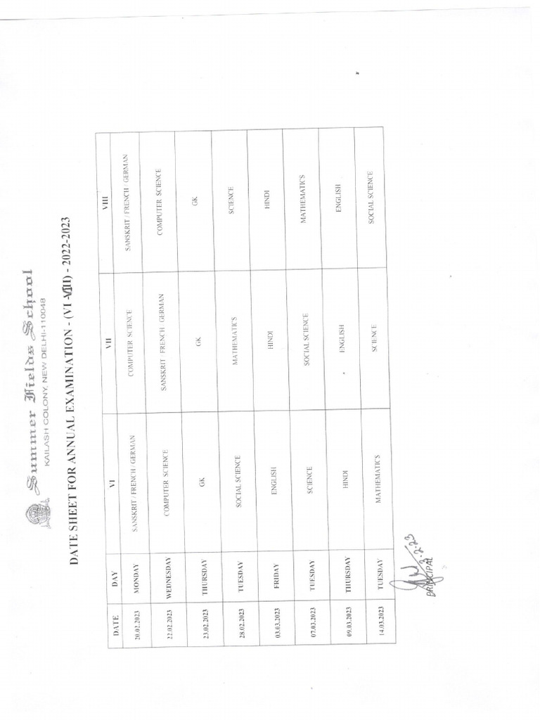 Date Sheet Class 7 | PDF