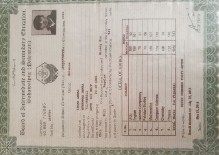 Matric Science Certificate | PDF
