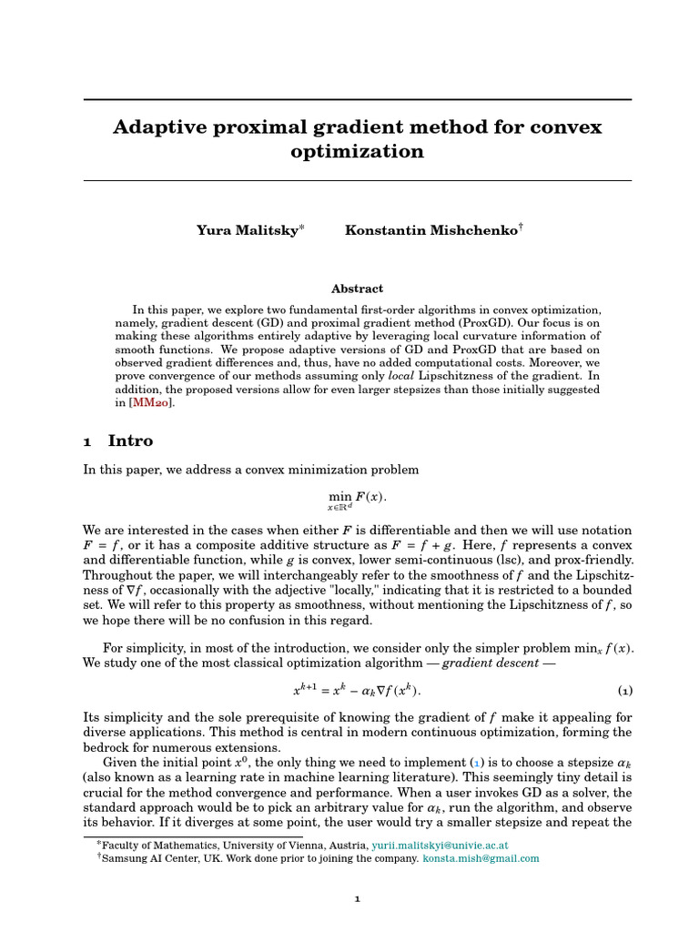 Adaptive Proximal Gradient Method For Convex Optimization: 1 Intro | PDF | Mathematical ...
