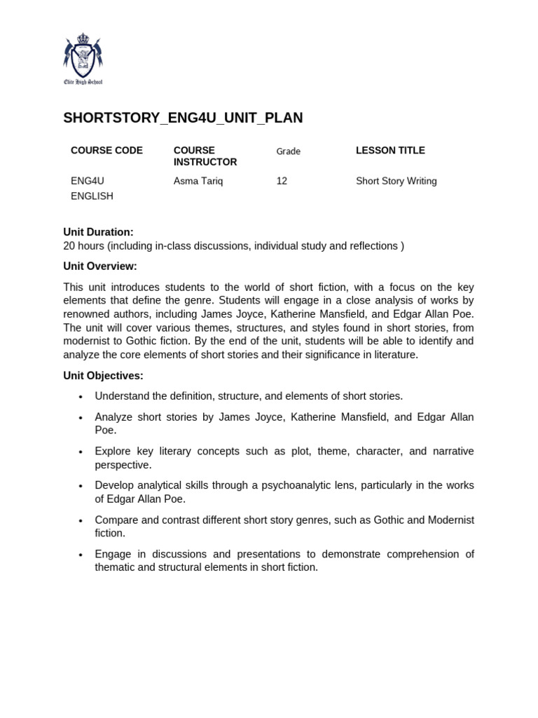 Short Story Writing Unit Plan ENG4U | PDF | Psychoanalysis | Narrative