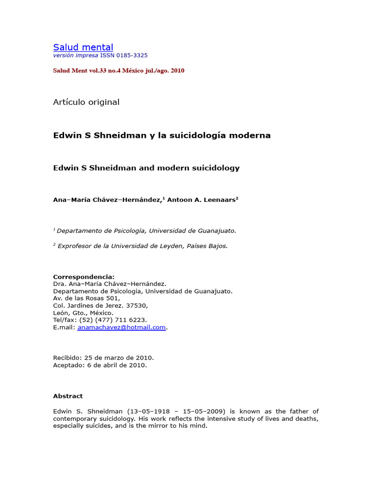 Edwin S Shneidman y La Suicidología Moderna | PDF | Psychology | Mental ...
