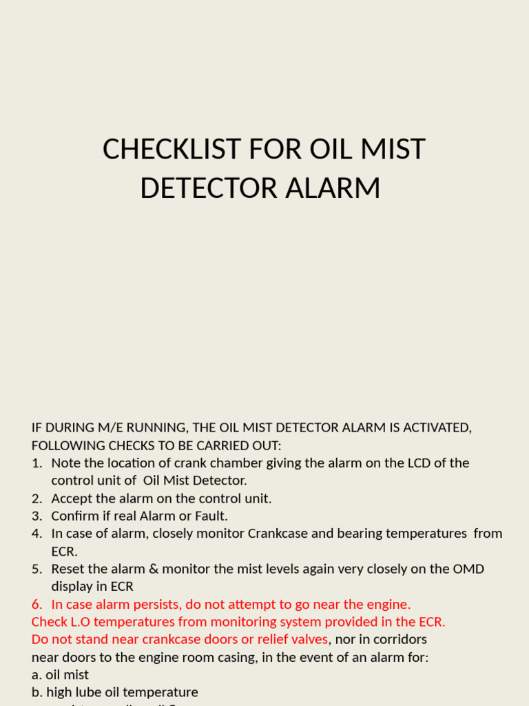 Checklist For Oil Mist Detector Alarm | PDF | Piston | Pump