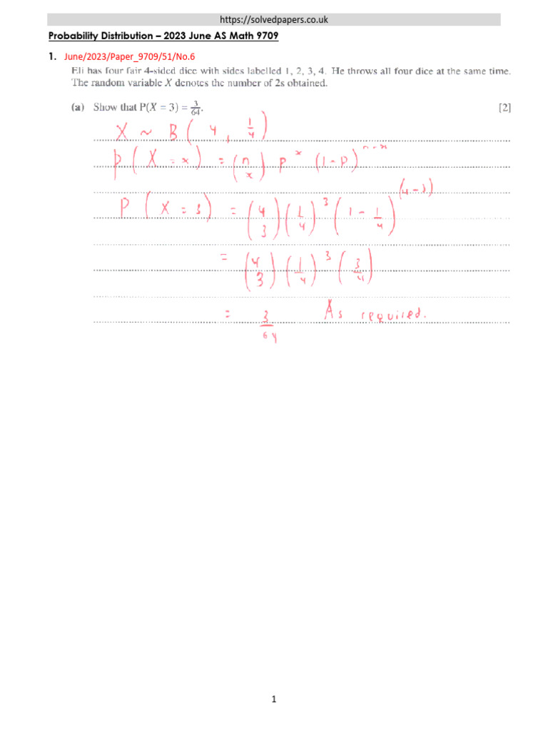 2023J Probability Distribution As Math 9709 Solved | PDF