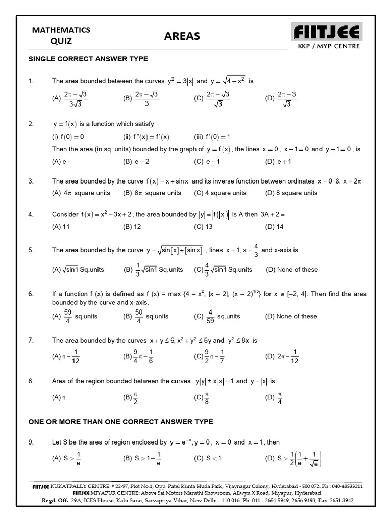Mathematics Quiz on Area Calculation | PDF | Area | Ellipse