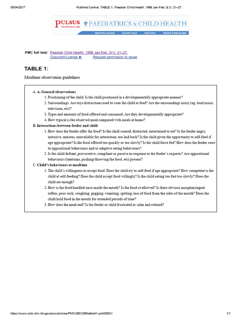Mealtime Observation Guidelines | PDF