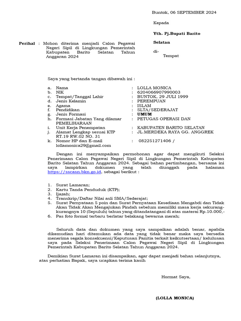 Surat Lamaran Lolla | PDF | Ilmu Sosial | Hukum