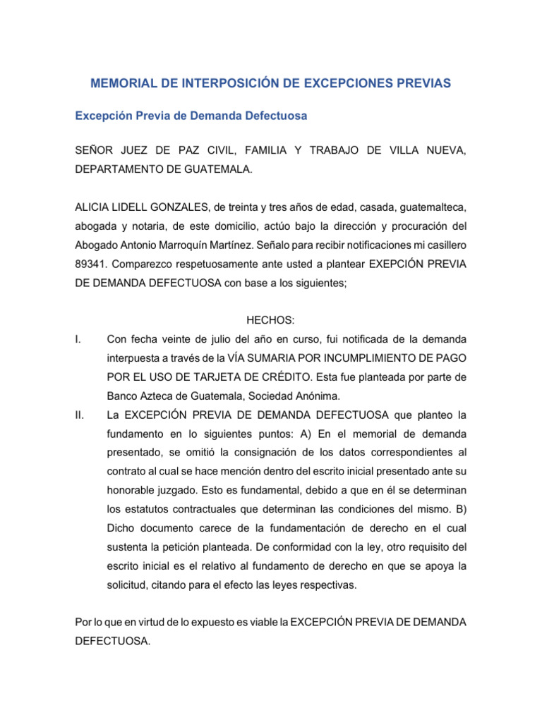 Memorial de Interposición de Excepciones Previas | PDF | Demanda ...