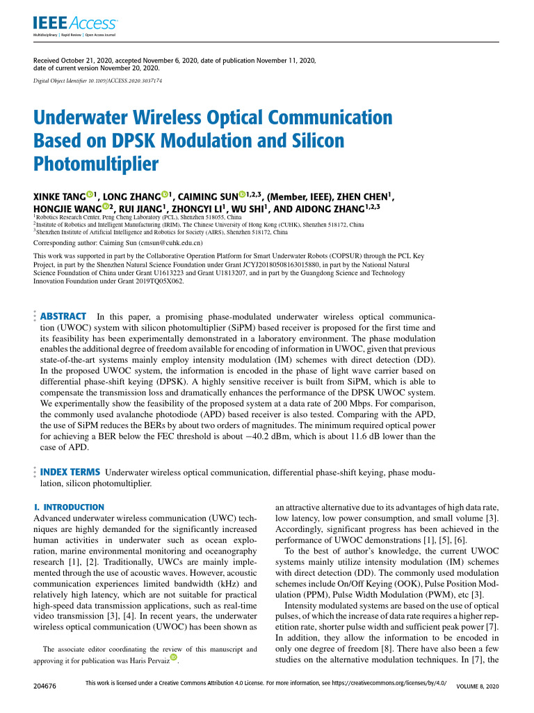 Underwater Wireless Optical Communication Based On Dpsk Modulation And Silicon Photomultiplier