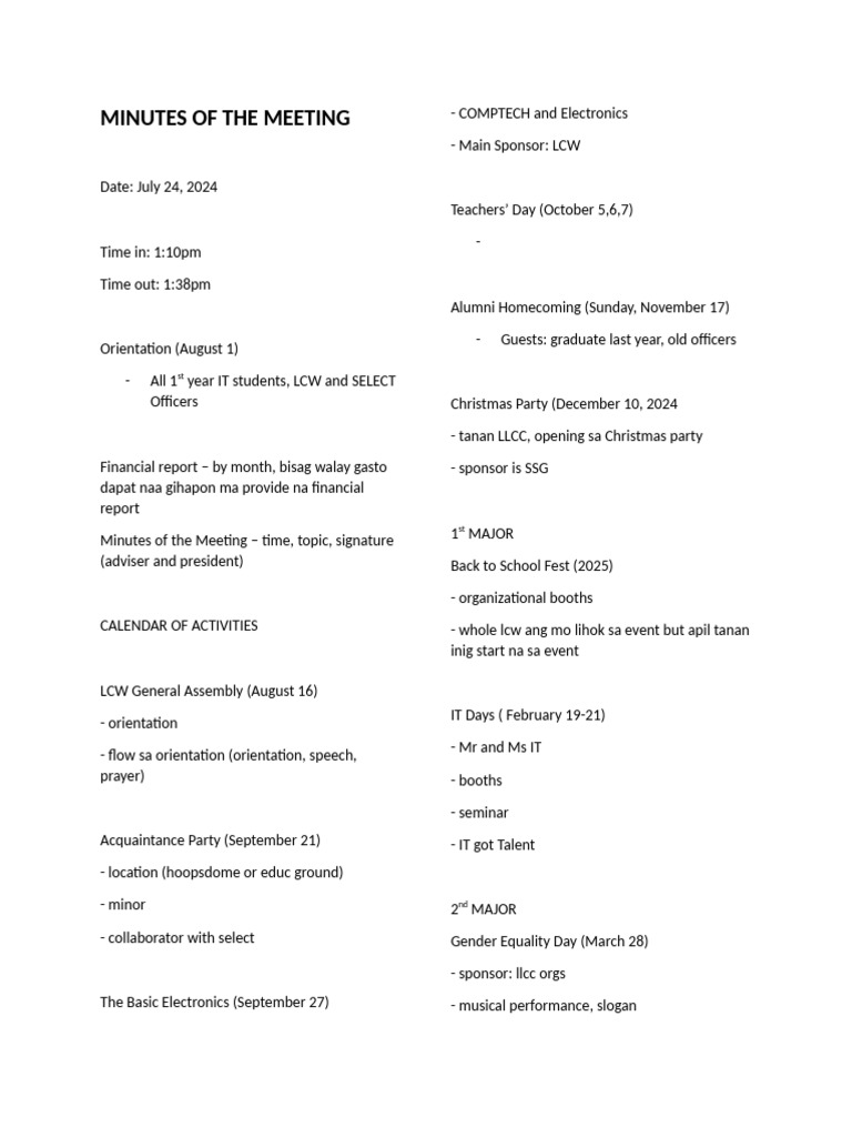 Meeting Minutes: IT Student Events 2024 | PDF