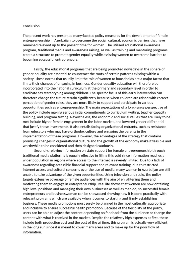 Conclusion Part For Capstone | PDF | Entrepreneurship | Gender Role